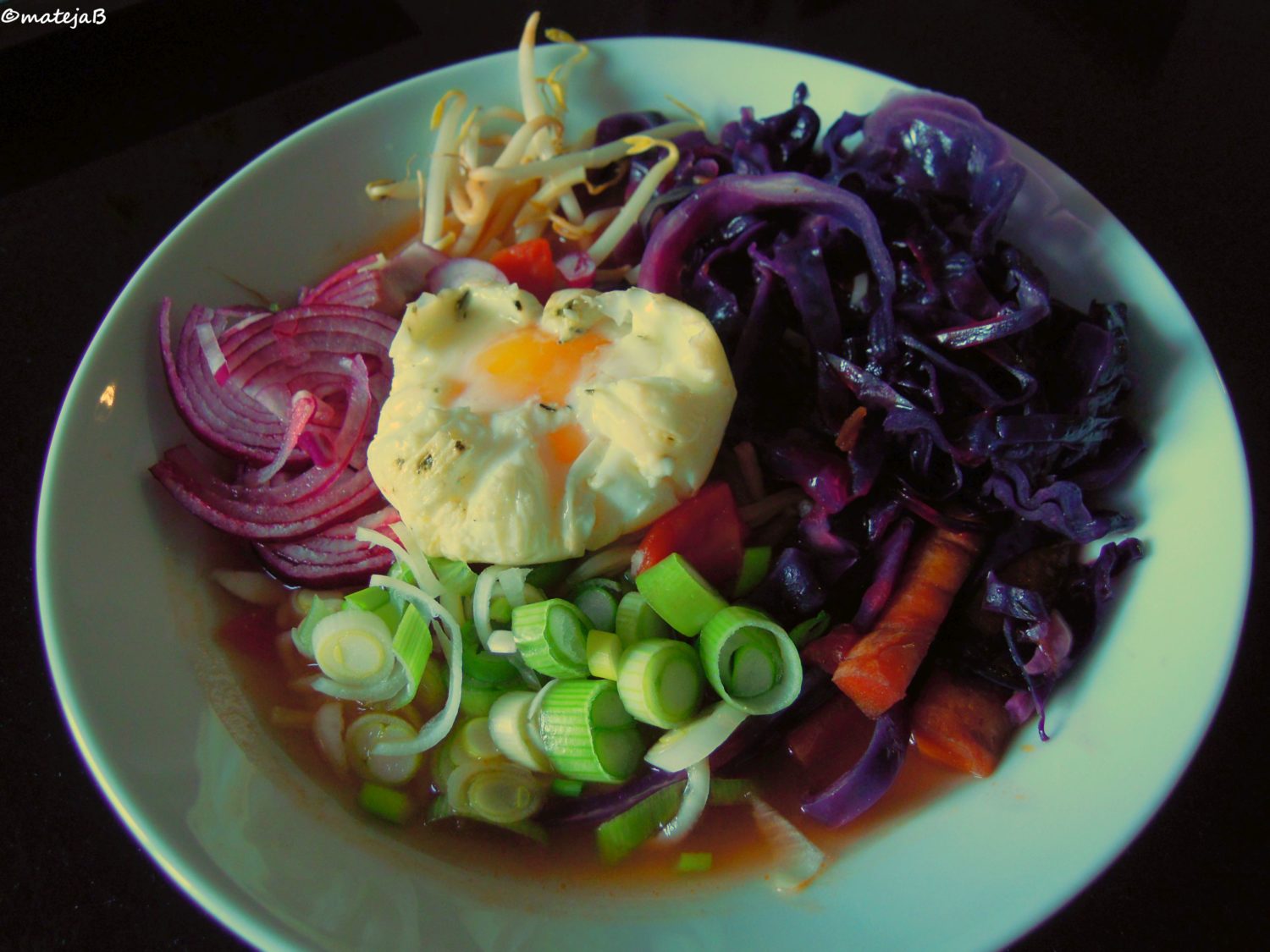 ramen bowl - rainbow ramen with a mix of vegetables with an egg topping