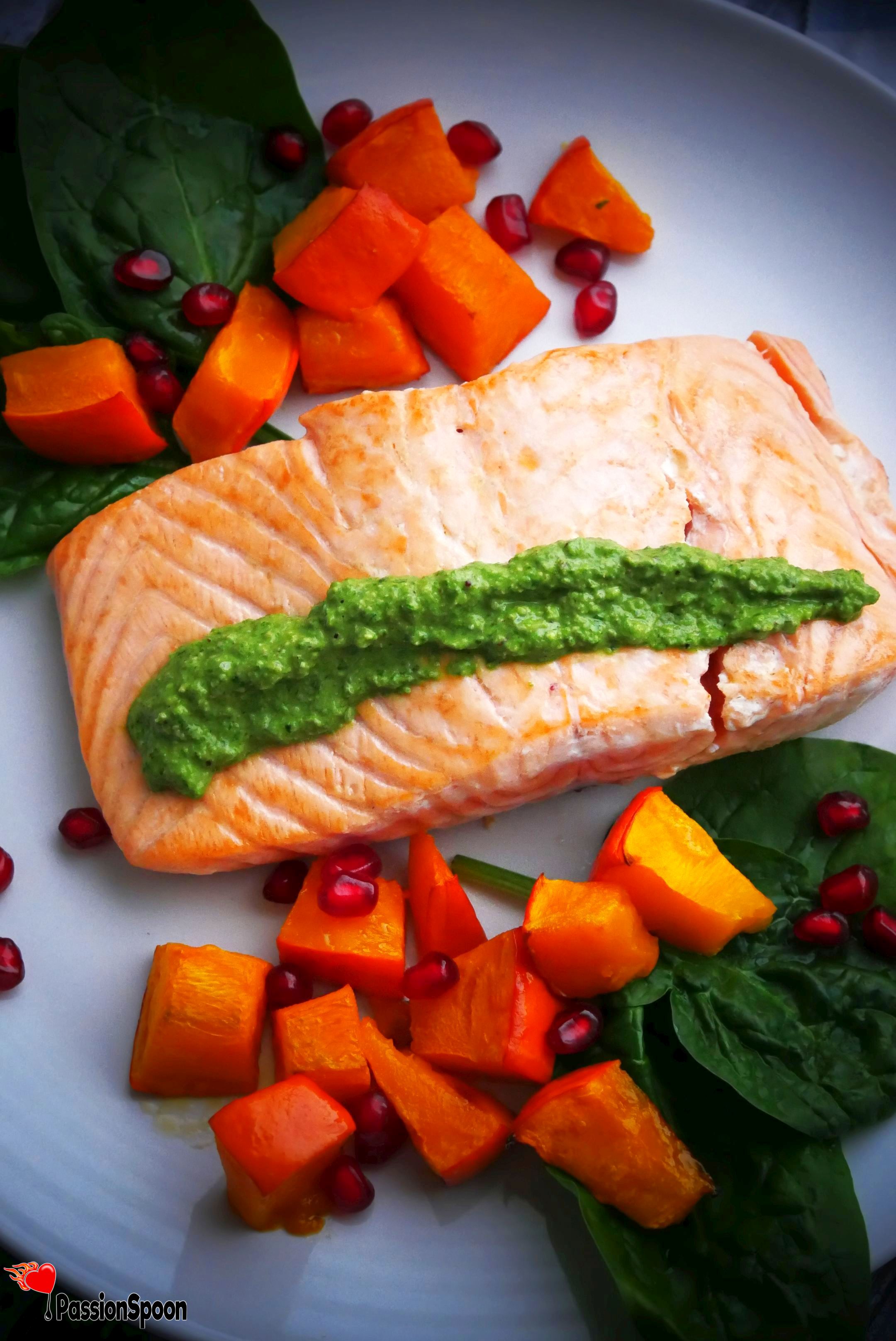 Pesto salmon with roasted pumpkin - PassionSpoon recipes
