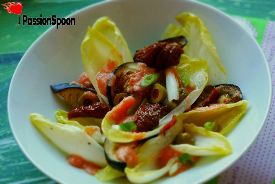 Grilled aubergine chicory salad; vegan - PassionSpoon recipes