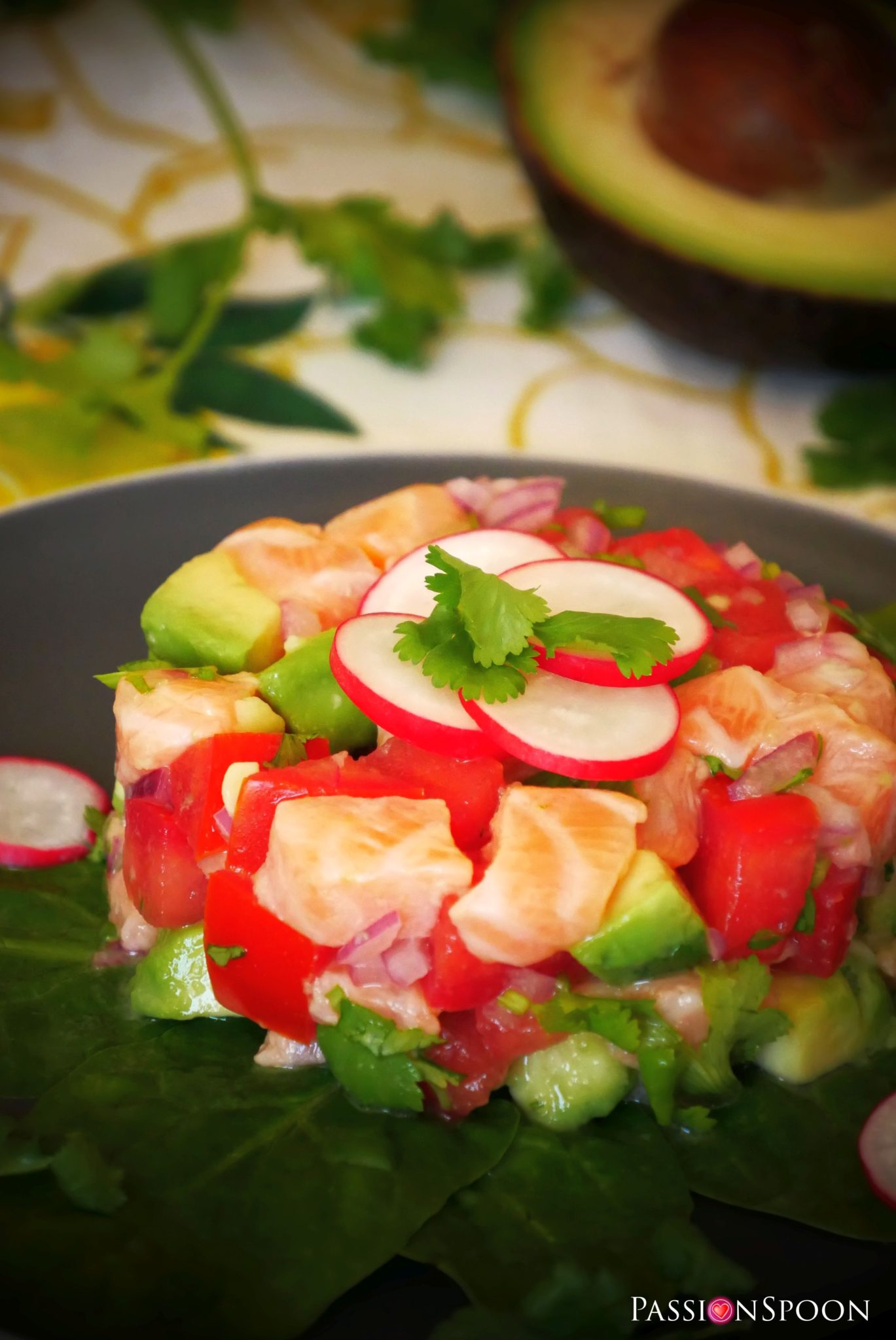Fresh avocado salmon ceviche; Peruvian dish - PassionSpoon recipes