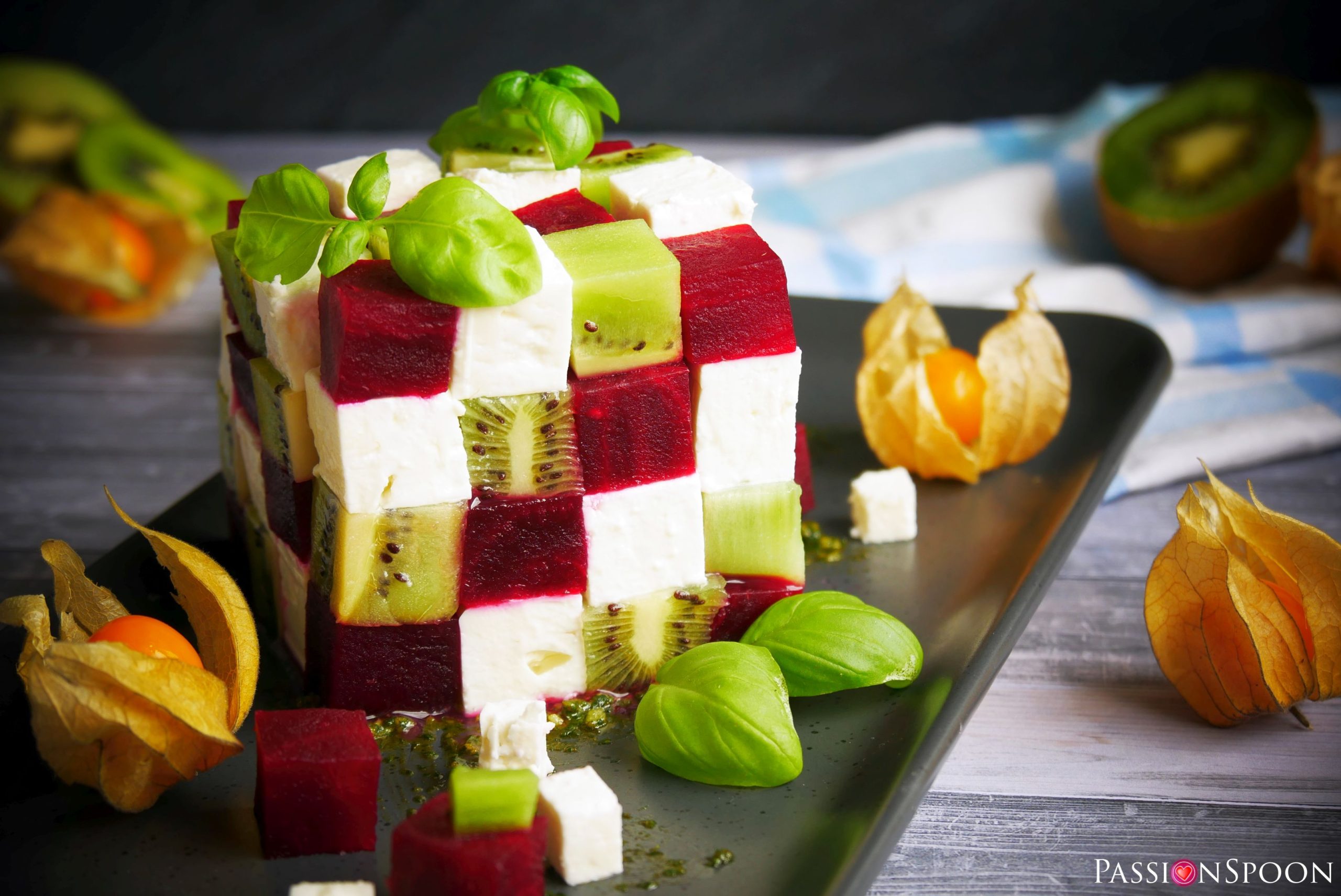 Beetroot kiwi Rubik's cube salad - PassionSpoon